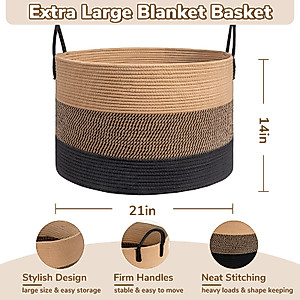 INDRESSME XXXLarge Woven Rope Basket 21" x 14" Blanket Storage Basket with Long Handles Decorative Clothes Hamper Basket Extra Large Baskets for Blankets Pillows