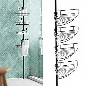 Zenna Home Rust-Resistant Corner Shower Caddy for Bathroom, 4 Adjustable Shelves and Towel Bar, with Tension Pole, for Bath and Shower Storage, 60-97 Inch, Bronze