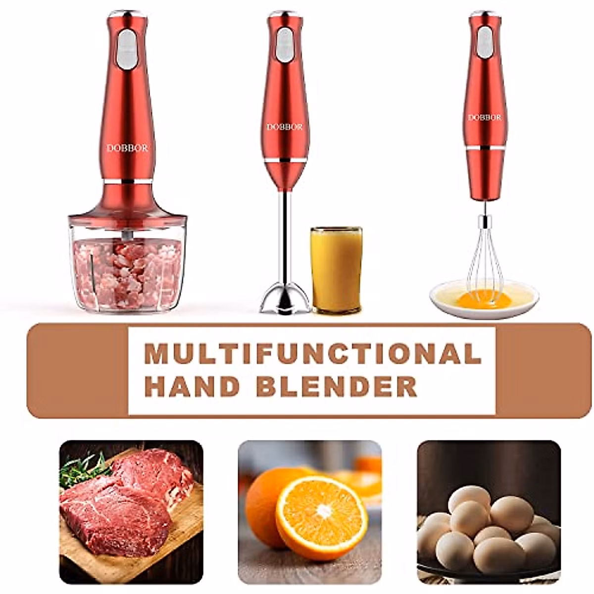 DOBBOR Immersion Blender, 1000W 4 in 1 Hand Blender with Chopper, Whisk, 600ML Mixing Beaker, Electric Stick Blender, Ergonomic handle with Anti Splash & Collision