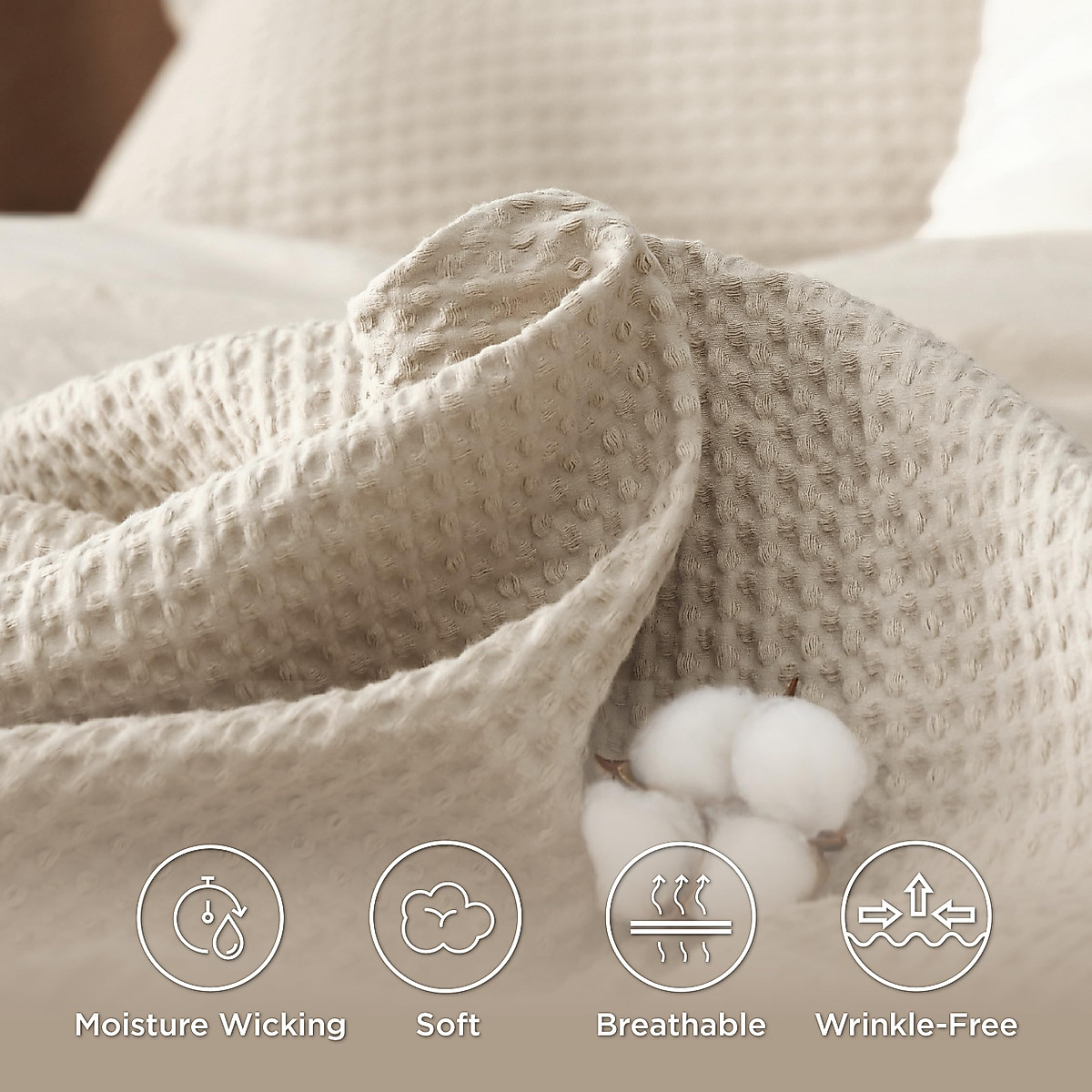 Bedsure Cotton Duvet Cover Queen Size - 100% Cotton Waffle Weave Beige Duvet Cover Queen Size, GentleSoft™ and Breathable Bedding Set for All Season, 3 Pieces, 90"x90"