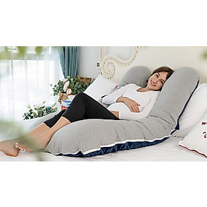 Meiz Pregnancy Pillow, Cooling Pregnancy Pillows for Sleeping, Full Body Pregnancy Pillow with Reversible Cooling Jersey Cover & Velvet Cover, Blue & Grey