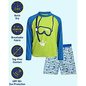 iXtreme Boys' Rash Guard Set - 4 Piece UPF 50+ Swim Trunks and Long Sleeve Swim Shirt (12M-14), Size 7, Royal/Black Shark