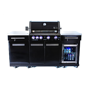 Mont Alpi MA-957FC 5-Burner 63000 BTU Black Stainless Steel Outdoor Kitchen Bar Gas Barbecue Island Grill with Infrared Rear Burner + Fridge Cabinet + Rotisserie Kit & Full Weather Cover