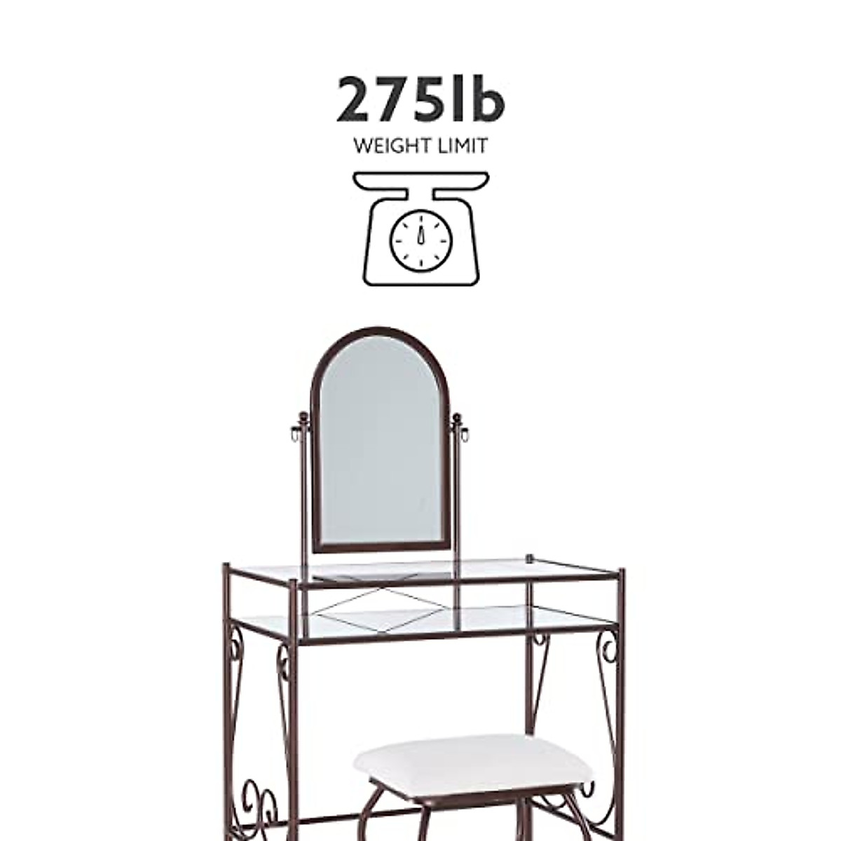 Linon Dark Metal Set Table with Upholstered Stool Clarisse Vanity, 52.4" x 31.8" x 18.3"