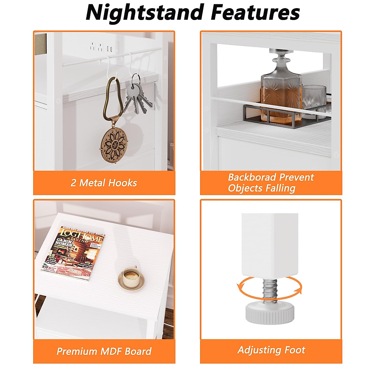 Furologee End Table with Charging Station, Nightstand with Fabric Drawers, Side Tables with USB Ports & Outlets, Night Stand with Storage Shelf & Hooks, for Living Room/Bedroom, White