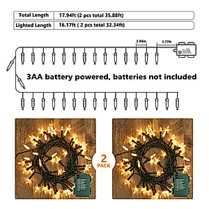 BrizLabs Battery Christmas Lights, 17.94ft 50 LED Warm White Christmas Lights, Green Wire Christmas String Light Indoor/Outdoor, 8 Modes Decorative Holiday Light for Xmas Tree, Wreath, Wedding, 2 Sets