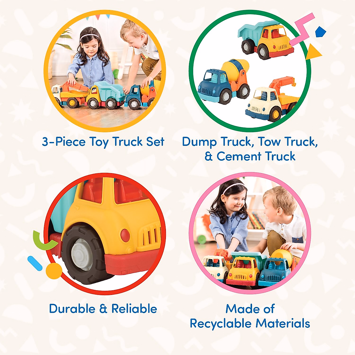 Battat- Wonder Wheels- 3-Piece Toy Truck Set – Dump Truck, Tow Truck, Cement Truck – Toy Construction Vehicles- Recyclable Materials – 1 year +