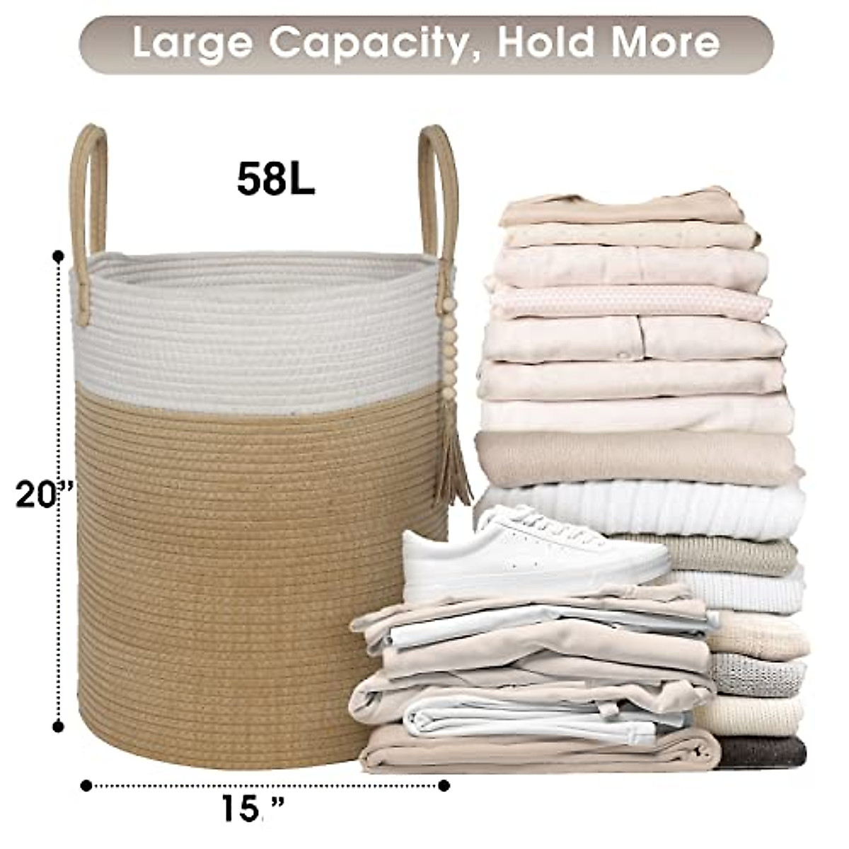 Pack of 2 Tall Woven Laundry Basket Collapsible for Storage Clothes Basket Laundry Hamper Basket for Bedroom Living Room Nursery Blanket Pillow Toy Dirty Clothes Hamper (2 Pack Ochre)
