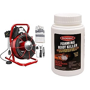 VEVOR 75Ft x 3/8Inch Drain Cleaner Machine + Roebic FRK-1LB Foaming Root Killer