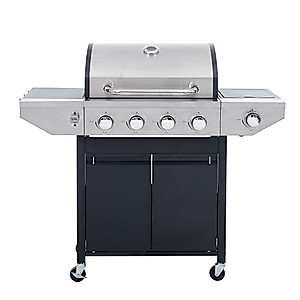 Propane Gas Grill, 4 Burners BBQ Grill with Side Burner & Thermometer, Freestanding Stainless Steel Grill Cart with Wheels for Outdoor Garden Cooking Barbecue, 42000 BTU