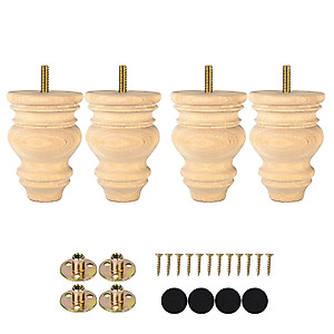 Michanco 4 Inch Unfinished Bun Feet for Couch Sofa Cabinet Ottoman DIY Replacement Wood Furniture Legs Set of 4 M8 Bolt Screw in