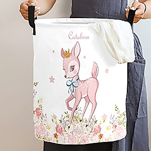 Pink Bambi Floral Deer Personalized Laundry Basket Clothes Hamper Storage Handle Waterproof, Custom Collapsible Large Capacity , for Bedroom Bathroom Toy Decoration