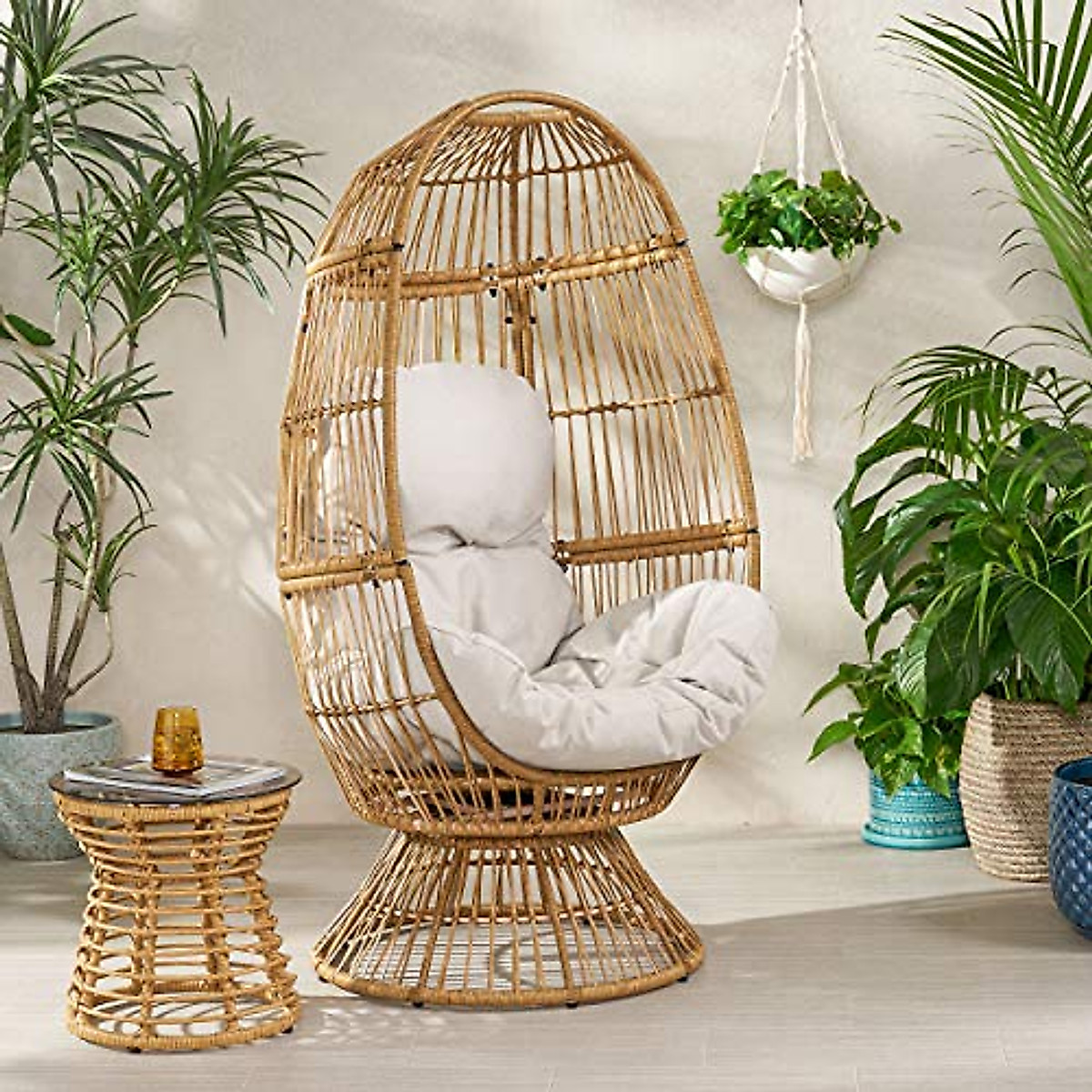 Christopher Knight Home Ellen Outdoor Wicker Swivel Egg Chair with Cushion, Light Brown, Beige