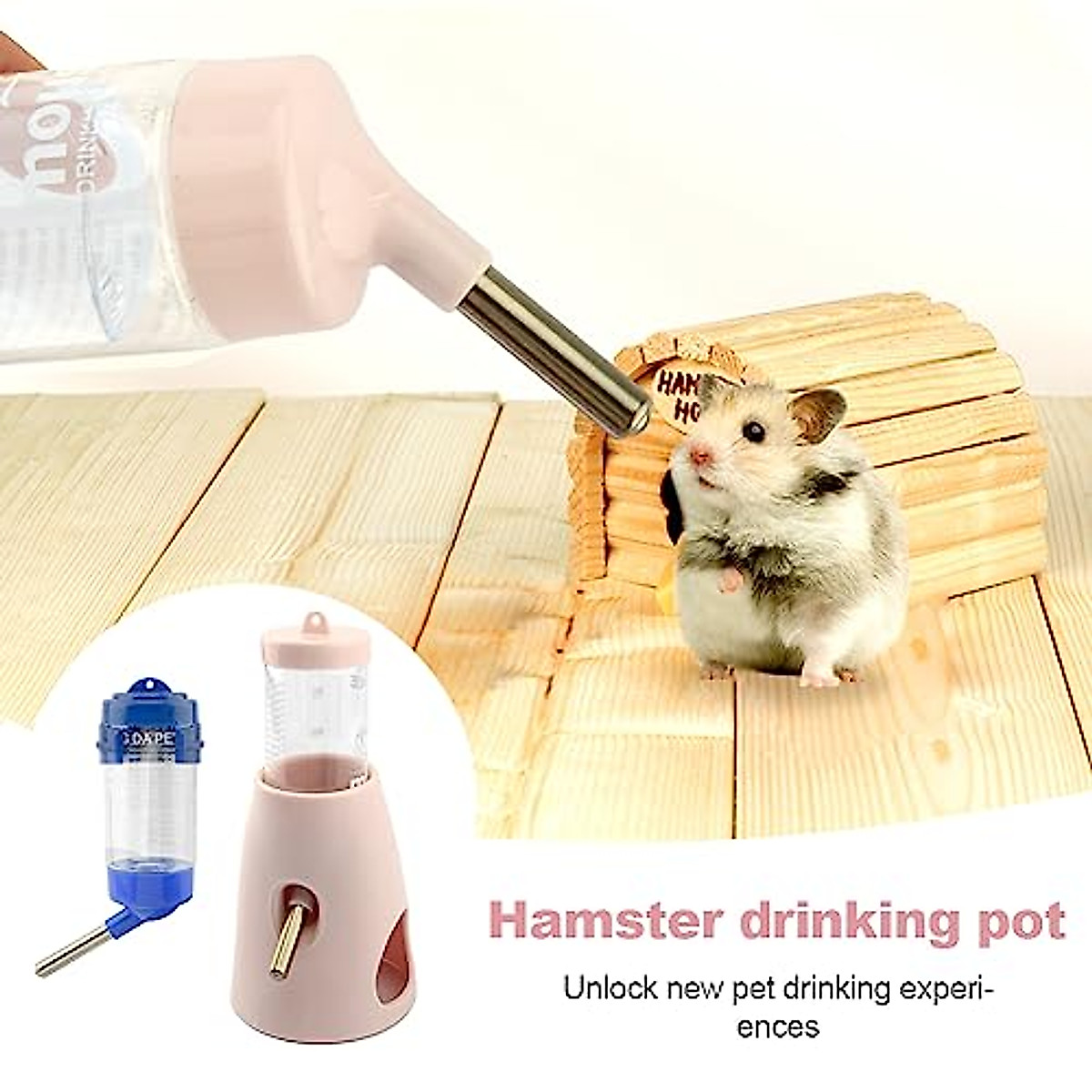 CALIDAKA 2 Pcs 80 ml Hamster Water Bottle Set, 1 Freestabding Waterer and 1Cage Hanging Waterer, No Drip Gerbil Water Feeder, for Hamster Gerbils Mice Degus Hedgehog Small-Sized Pet(Pink)