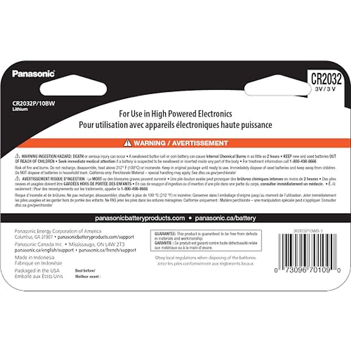 Panasonic CR2032 3.0 Volt Long Lasting Lithium Coin Cell Batteries in Child Resistant, Standards Based Packaging, 10 Pack