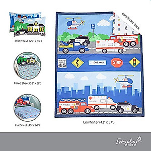 EVERYDAY KIDS 4 Piece Toddler Bedding Set -Fire and Police Rescue- Includes Comforter, Flat Sheet, Fitted Sheet and Reversible Pillowcase