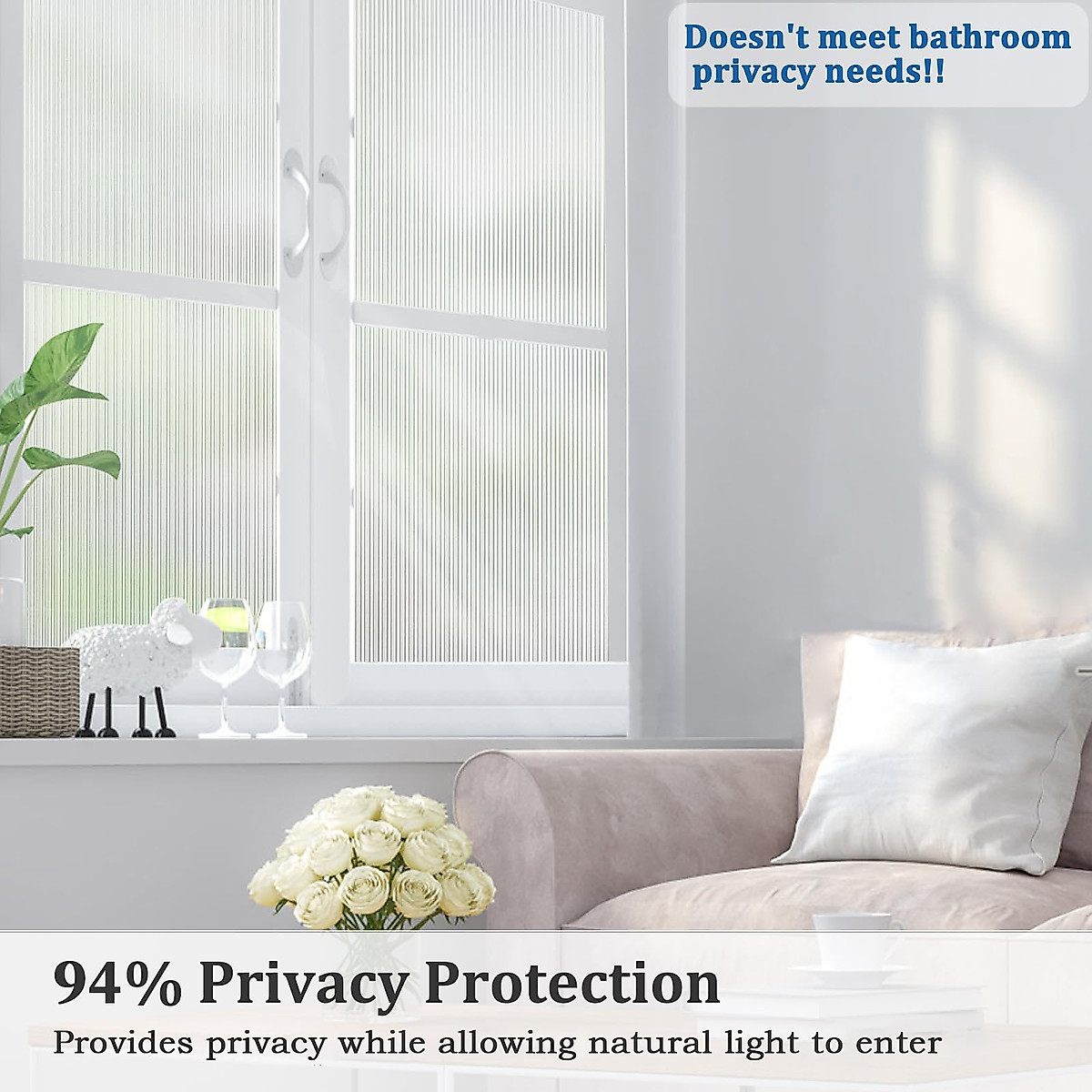 Windimiley Window Privacy Film Reeded Glass Window Clings Frosting Fluted Glass Window Stickers Frosted Bathroom Static Cling Heat UV Blocking Window Tint Decorative Window Coverings, 17.5x78.7 Inch