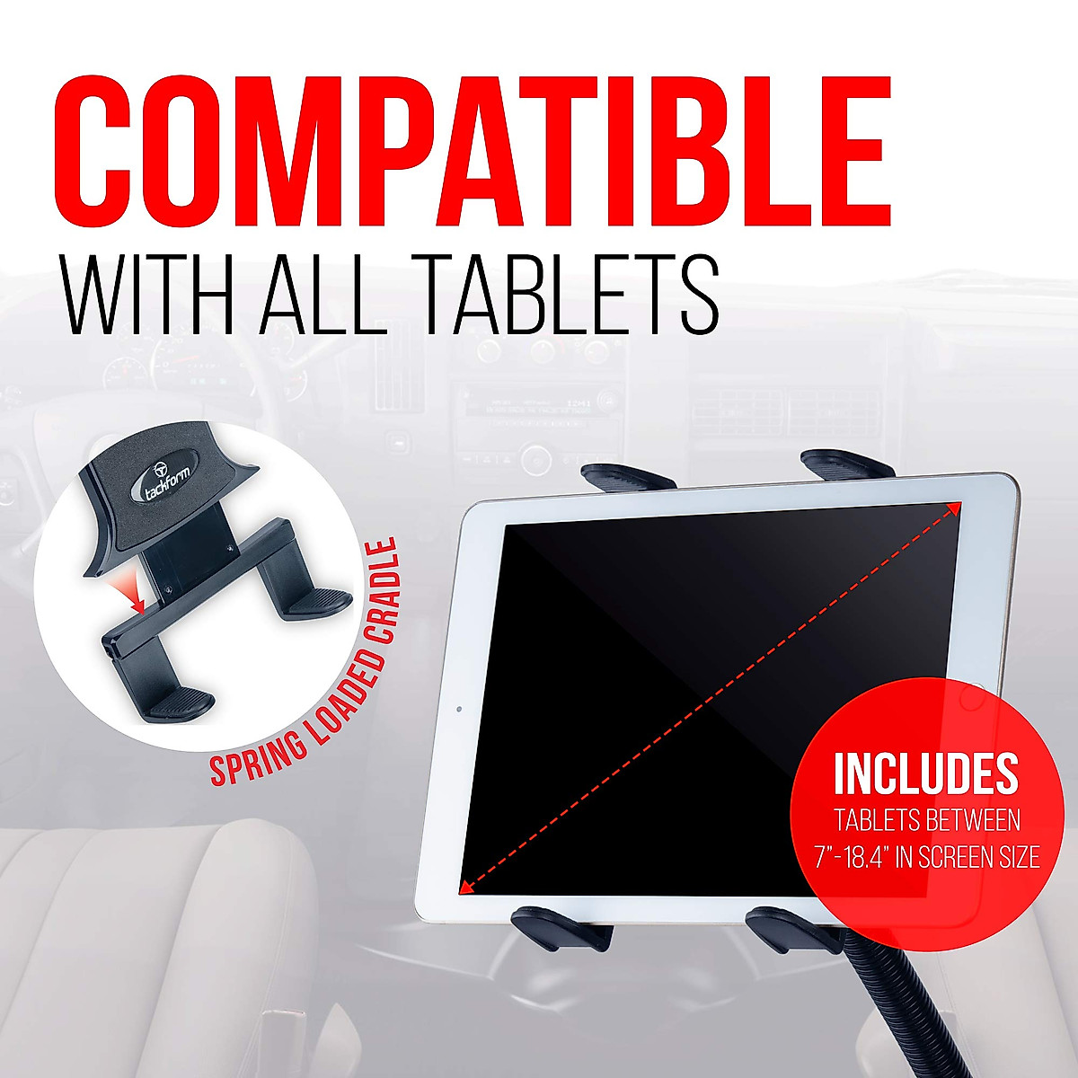 TACKFORM Tablet Mount for Car or Truck Seat Rail Mount with 22" Reach - 18" Aluminum Rod Gooseneck and 3.75" Arm Device Holder for Van, Car or Truck. Compatible With iPad, Galaxy, Surface Pro and more