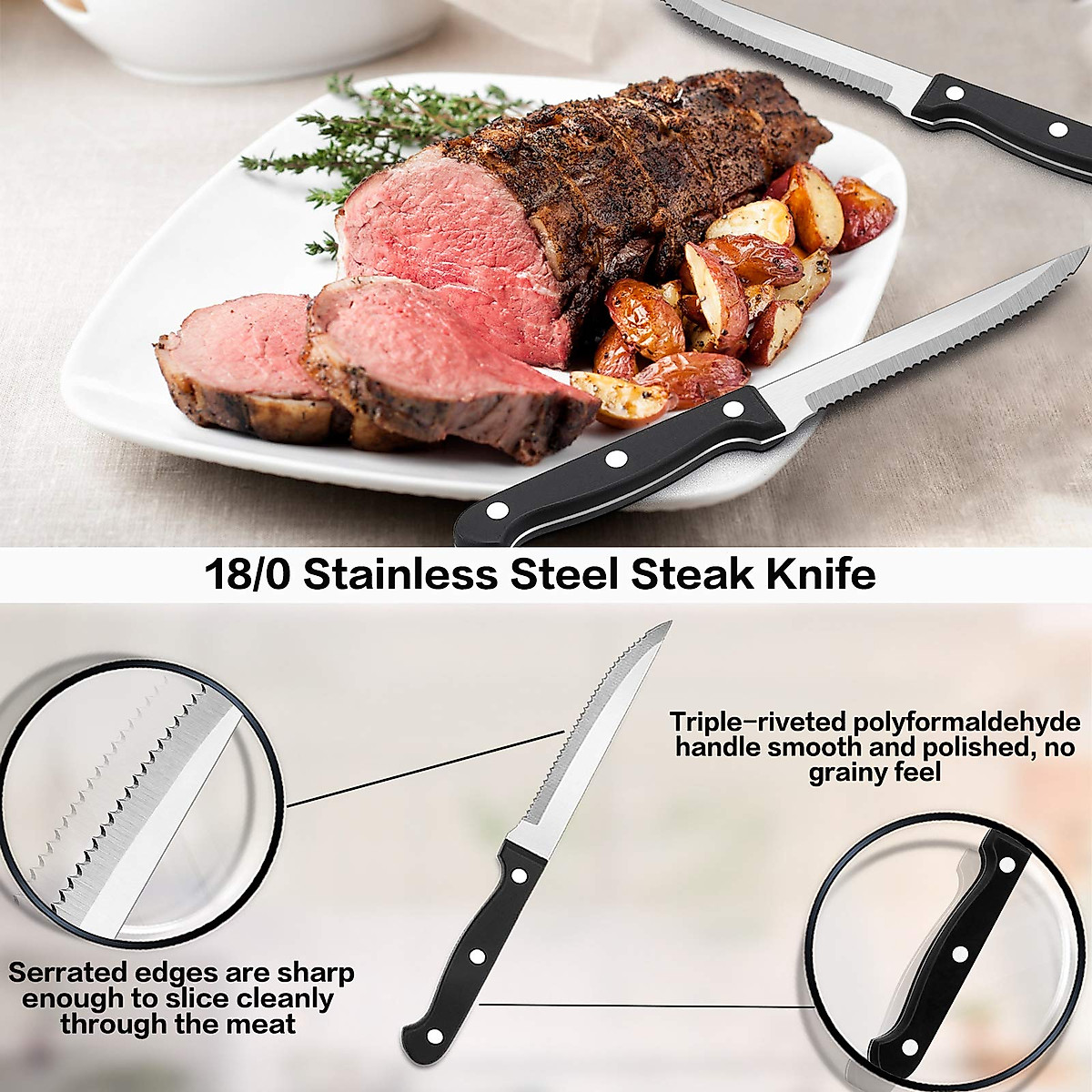 E-far 24-Piece Silverware Set with Organizer Tray and Steak Knives, Stainless Steel Flatware Cutlery Service for 4, Basic Tableware Eating Utensils for Home Kitchen, Mirror Polished, Dishwasher Safe