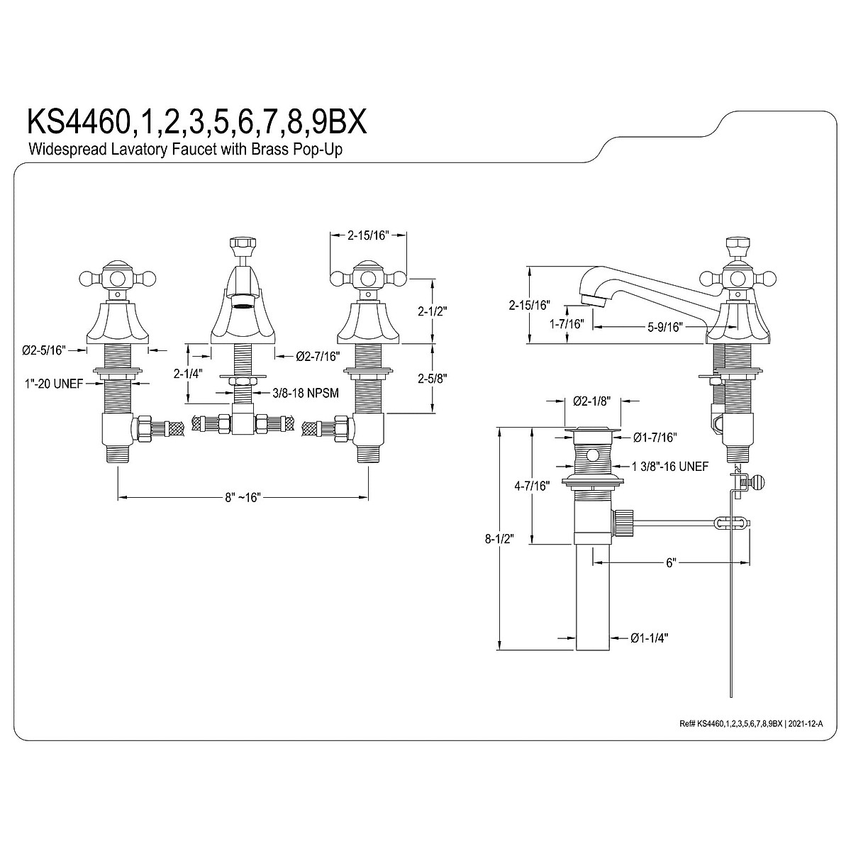 Kingston Brass KS4468BX Metropolitan Widespread Lavatory Faucet with Metal Cross Handle, Brushed Nickel,8-Inch Adjustable Center