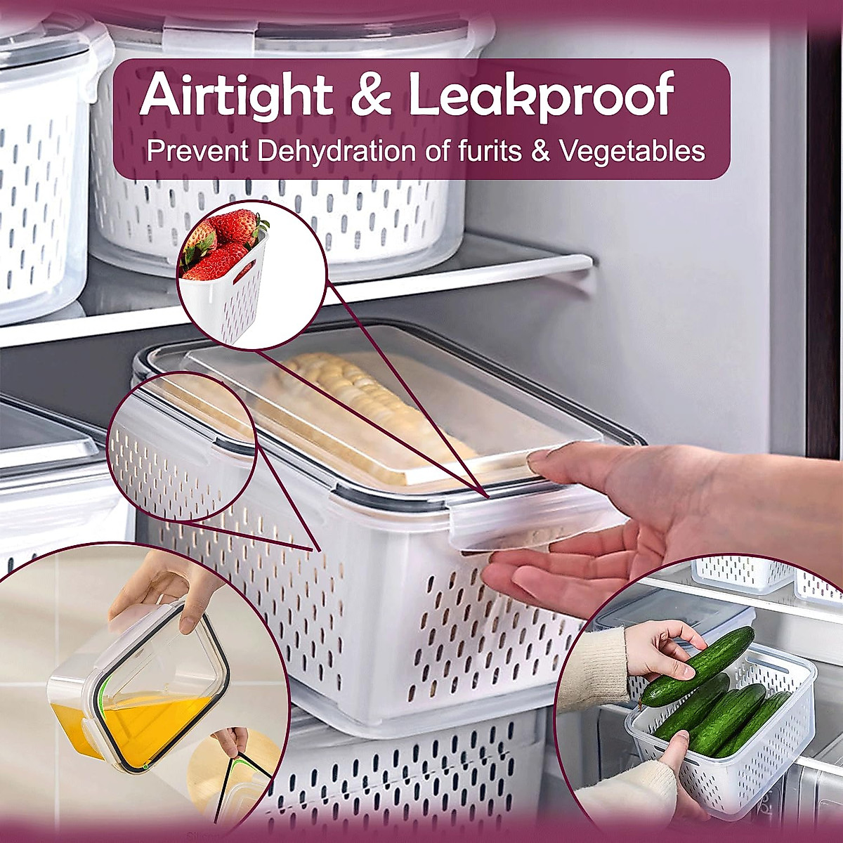 5 PCs Fruit Storage Containers for Fridge, Leakage Proof Fruit Storage Containers with Removable Colanders, Fruit Containers for Fridge with Lid, BPA-Free Produce Containers for Fridge