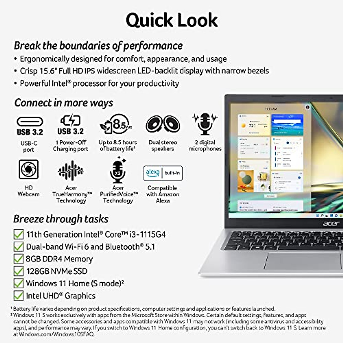 Acer Aspire 5 A515-56 Slim Laptop 15.6"" Full HD IPS LCD Intel i3-1115G4 Processor 8GB DDR4 128GB NVMe SSD WiFi 6 Amazon Alexa Windows 11 Home in S Mode (Renewed), Silver