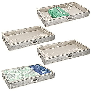 mDesign Soft Fabric Under Bed Storage Organizer Holder Bag for Clothing, Accessories, Linen - Easy-View Top Panel, Attached 2-Way Zippered Lid, Side Handles - 4 Pack - Black/Cream/Beige