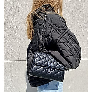 Bella Luna Quilted Faux Leather Crossbody Purse or Shoulder Bag for Women with Flap Handbag and Chain Strap | Black | Gray Chain | Small