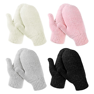 Hicarer 4 Pairs Women Mittens for Women Adult Winter Ladies Mittens Knitted Gloves Warm Fleece Mittens Double Wool Gloves, Black, White, Light Grey, Pink, about 3.9 x 9 inches