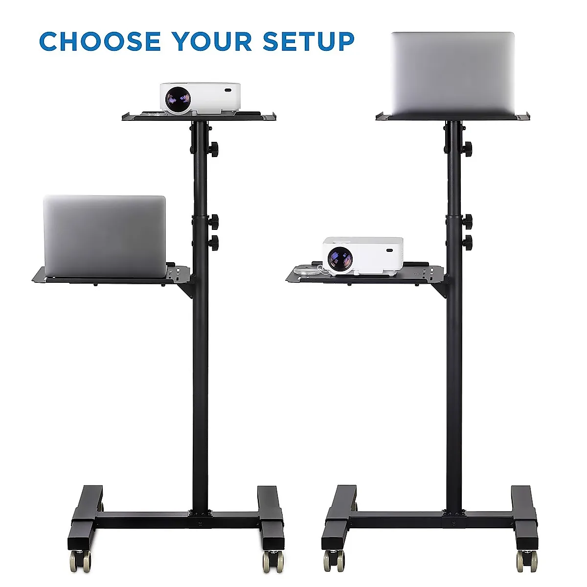 Mount-It! Mobile Projector and Laptop Stand (2 Shelves), Rolling Cart with Ventilated Tray, Heavy Duty, Height Adjustable Laptop and Projector Presentation Trolley, Black