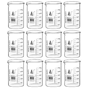 EISCO 12PK Heavy Duty Beakers, 250ml - 5mm Thick, Uniform Walls - Superior Durability & Chemical Resistance - White Graduations - Borosilicate 3.3 Glass
