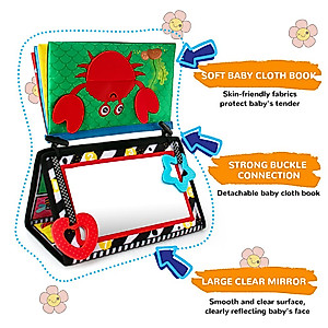 beetoy Tummy Time Baby Mirror Toys Newborn Infant Sensory Toys with Crinkle Cloth Book & Teethers, High Contrast Developmental Baby Mirror Crawling Toys 0 3 6 12 Months