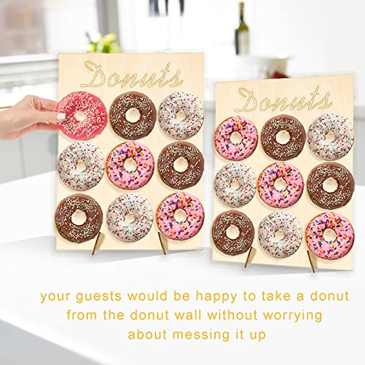 ULENDIS 2 Pack Donut Wall Display Stand Wooden, Reusable Donut Holder Board Fits 18 Doughnuts, Doughnut Food Buffet Display for Wedding Baby Showers Birthday Gathering Party Decorations and More