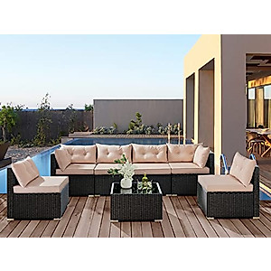 Allewie Patio Furniture Set 7 Pieces Outdoor Furniture with Seat Cushions and Tempered Glass Coffee Table, Wicker Patio Conversation Sets for Backyard, Porch, Balcony, Poolside, Khaki & Black