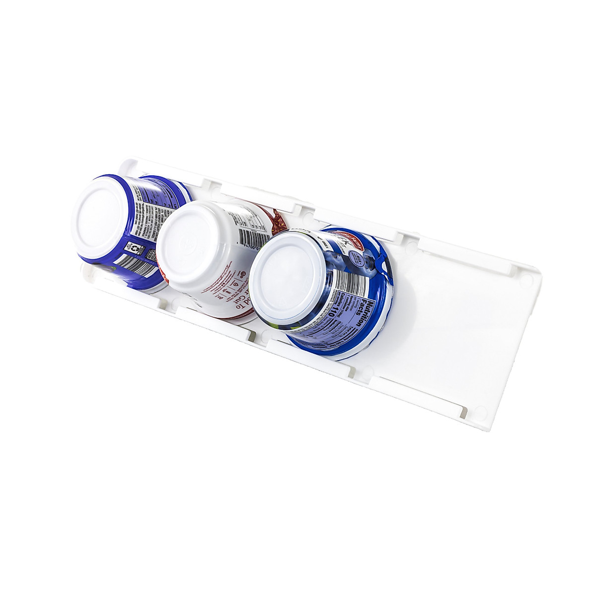 Storage Theory Yogurt Fridge Organizer - Holds up to 4 Wide-Mouth Vegan and Greek Yogurt Cups - Peel and Stick Slider Shelf for Small Refrigerator Spaces - 1 pc