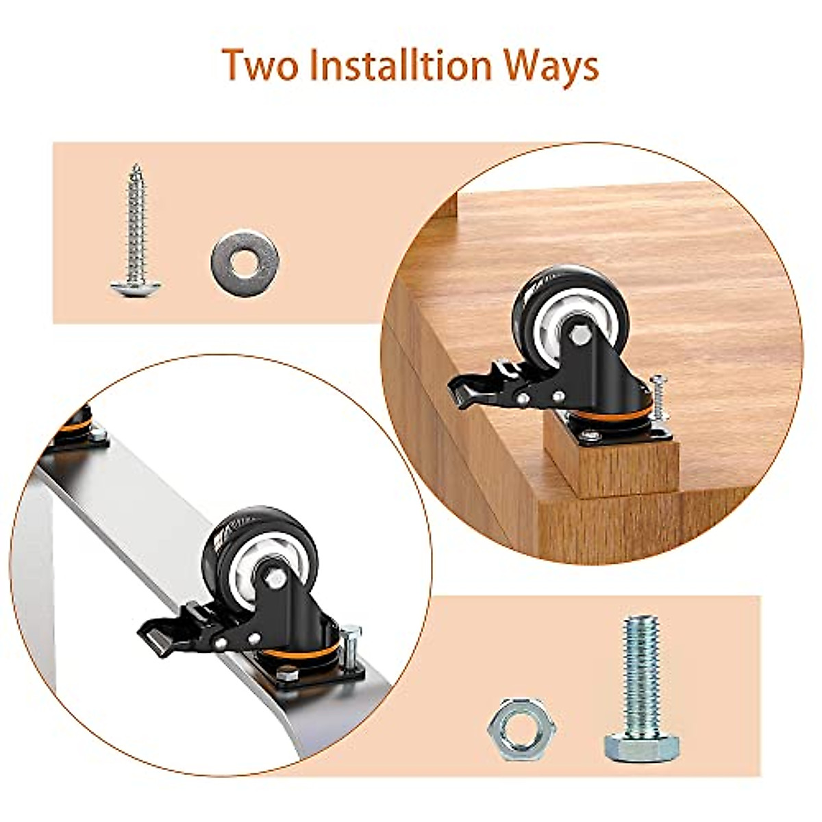 3” Caster Wheels,Set of 4,Heavy Duty Swivel Casters with Brake, Safety Dual Locking and No Noise Polyurethane (PU) Wheels,Swivel Plate Castors(TWO HARDWARE KITS for Free)