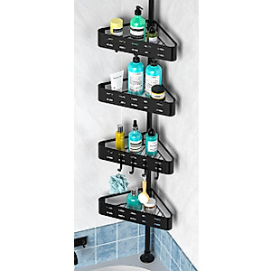 KEGII Shower Caddy Corner Tension Pole - Shower Organizer Rustproof, Black Shower Shelves Free Standing, Inside Shower Rack Shampoo Holder, Shower Storage Adjustable