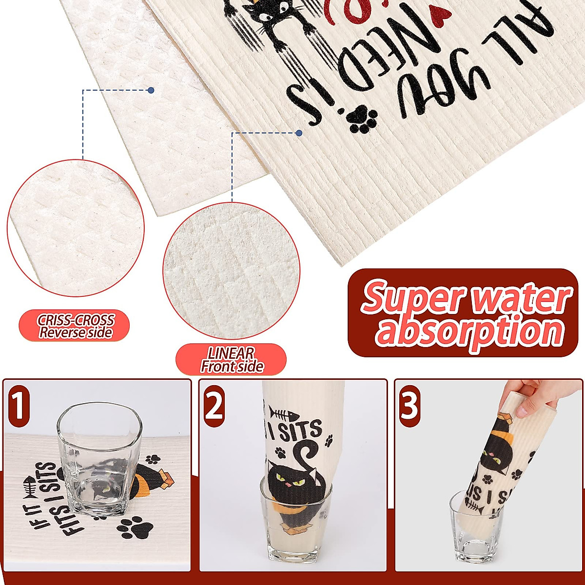 6 Pcs Funny Black Cat Swedish Kitchen Dishcloths, Reusable Sponge Swedish Cleaning Cloths Washable Dish Cloths Absorbent and Halloween Decorative Kitchen Towels Housewarming Gifts for Kitchen Bathroom