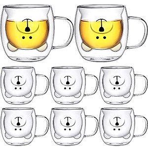 8 Pcs Cute Bear Mugs Bear Tea Cup 8.5 oz Double Wall Glass Milk Coffee Bear Mug with Handle Insulated Glass Espresso Cups Glass Birthday Gift for Women Men Valentine's Day Office