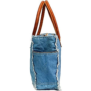 NATURALS EXPORT OAG Upcycle Canvas Bag, Handmade Canvas Bag With Leather, Canvas Tote Bag, Canvas Shoulder Bag, Canvas Handbag for Women, Blue