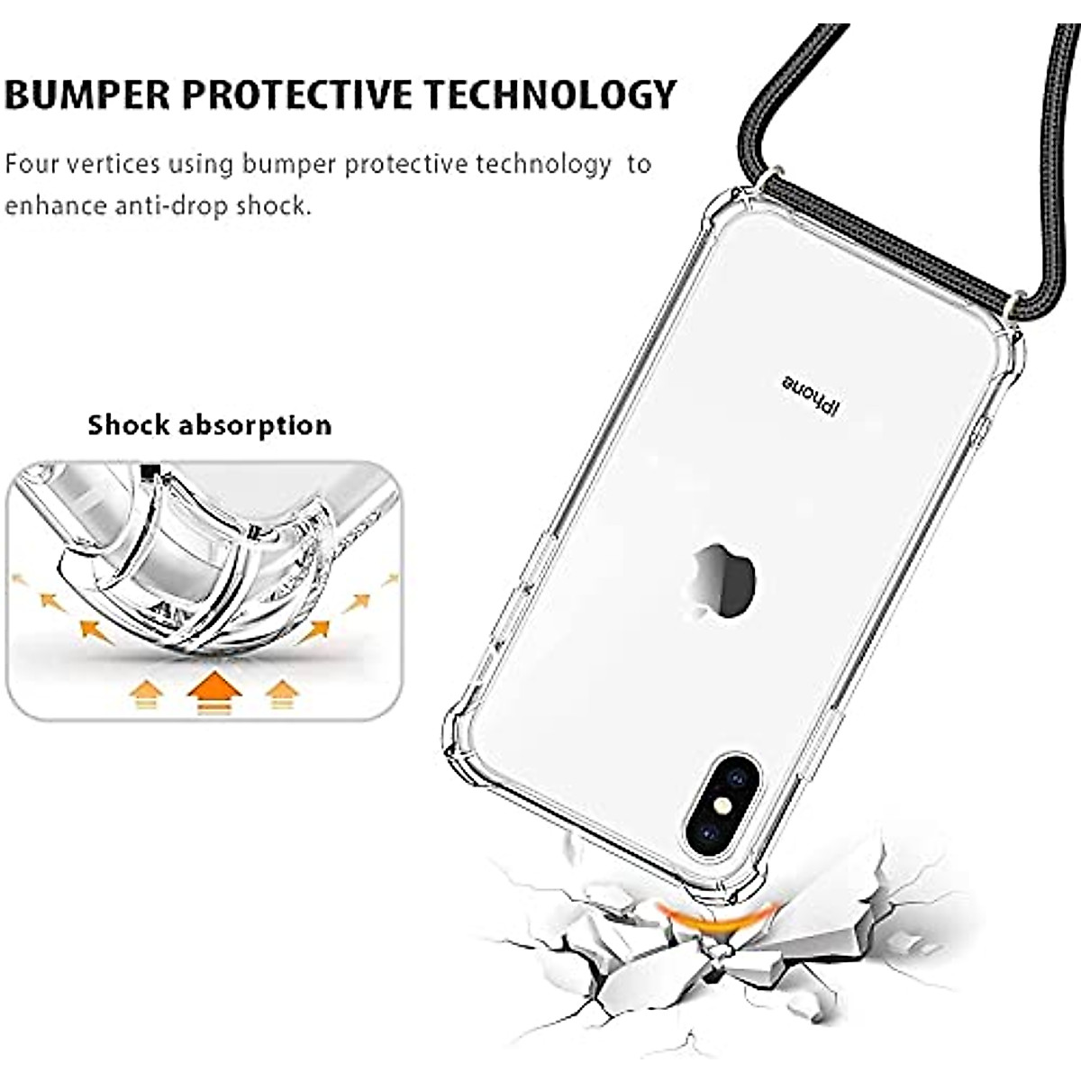 YESPURE Crossbody Case for iPhone Xs,Phone Case for iPhone X, Clear Soft Slim TPU Shockproof Protective Cover for iPhone X/XS with Adjustable Black Neck Cord Lanyard Strap