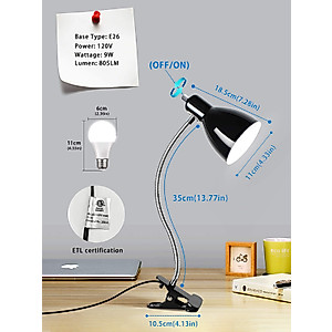 Desk lamp Eye-Caring Table Lamps, 360°Rotation Gooseneck Clip on Lamp Reading Light Portable Reading Book Light, Clamp Light, Study Desk Lamps for Bedroom and Office Home Lighting (Black)