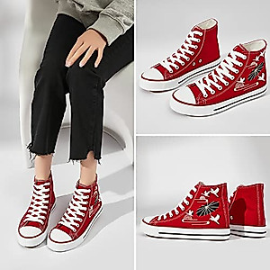 hash bubbie Women's High top Sneakers Classic High Tops Canvas Shoes for Women Lace up Tennis Shoes Fashion Canvas Sneakers Casual Shoes for Walking（ Red Embroidery.US9）