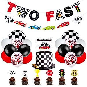 Race Car Two Fast Party Decorations Supplies Racing Theme 2nd Birthday Party Banner Race Car Second Birthday Cake Topper Checkered Flags Balloons for Let's go Racing Theme Sports Event Party Supplies