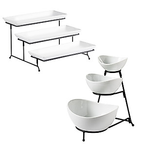 Gomakren 3 Tiered Oval Serving Bowl With Collapsible Metal Rack, Dessert Appetizer, Candy Chip Dip, Fruit, Vegetable Bowl Set, White Serving Dishes For Entertaining (Black)