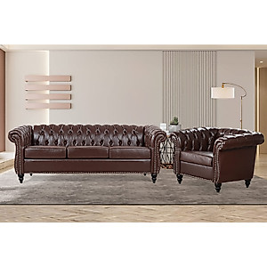 Vaztrlus Brown Leather Sectional Chesterfield Sofa Set, Luxury Couch for Living Room, Comfy Deep-Seat 3-Seater Couch and Chair Set for Bedroom, Office, or Apartment. Tool-Free 2-Piece Assembly.