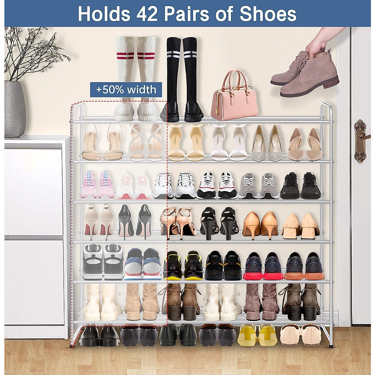 KEETDY Long 6 Tier Shoe Rack Organizer Tall Metal Shoe Organizer for Entryway Bedroom Floor Garage, Wide Shoe Shelf Storage Fits 42 Pairs Men Sneakers, Gray