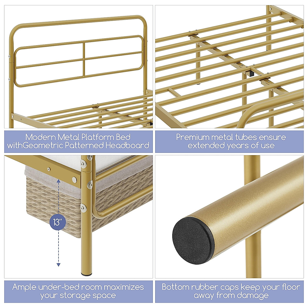 Yaheetech Queen Bed Frame Metal Platform Bed with Geometric Patterned Headboard, Mattress Foundation with Under Bed Storage/Sturdy Slat Support, No Box Spring Needed, Antique Gold