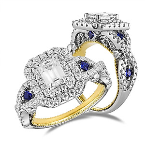 DovEggs Emerald Cut Moissanite Engagement Rings for Women 2.4ctw Center 5x7mm GHI Moissanite Vintage Double Halo Wedding Ring Blue Sapphire Pave 14k Gold QUALITY Sterling Silver(7)