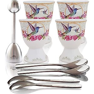 NobleEgg Egg Cups and Spoons Set for Soft Boiled Eggs | Bundle of 2 sets with Egg Topper Cutter (May ship separately)